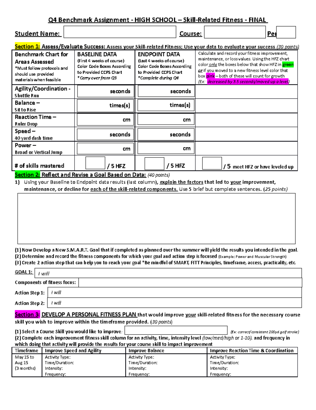 2022-23SY -HS - Q4 Benchmark Assignment - Skill Related Fitness GOAL ...