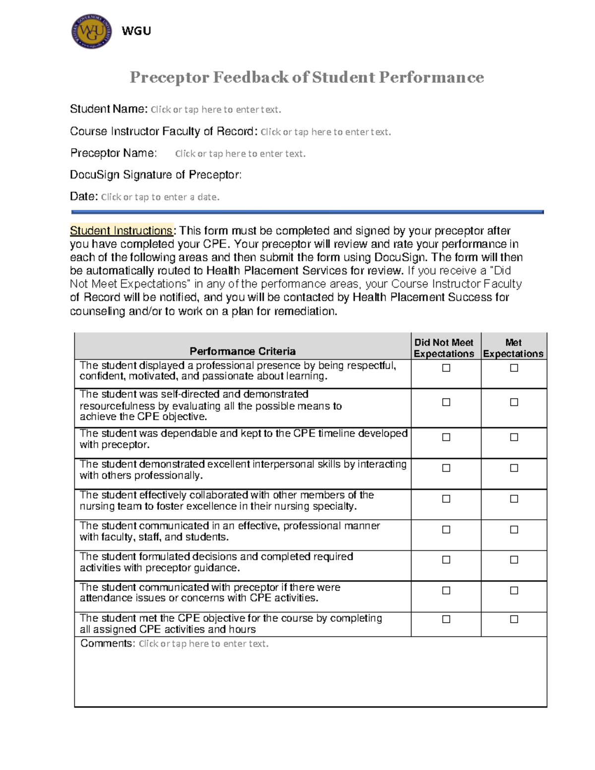 D. Preceptor Feedback of Student Performance(2018 .0926) (1) - WGU ...