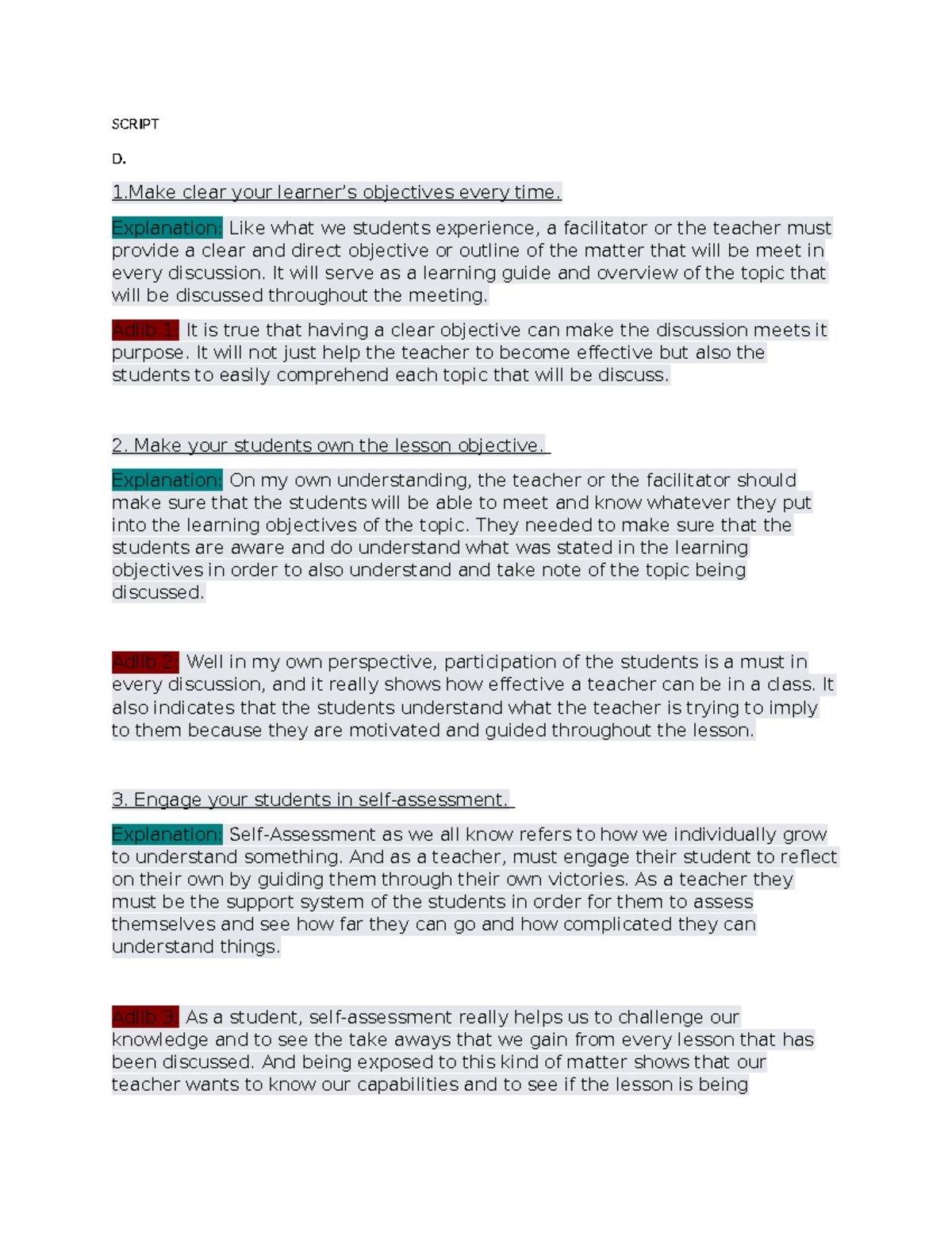 Script EDUC 70 - SCRIPT D. 1 clear your learner’s objectives every time ...