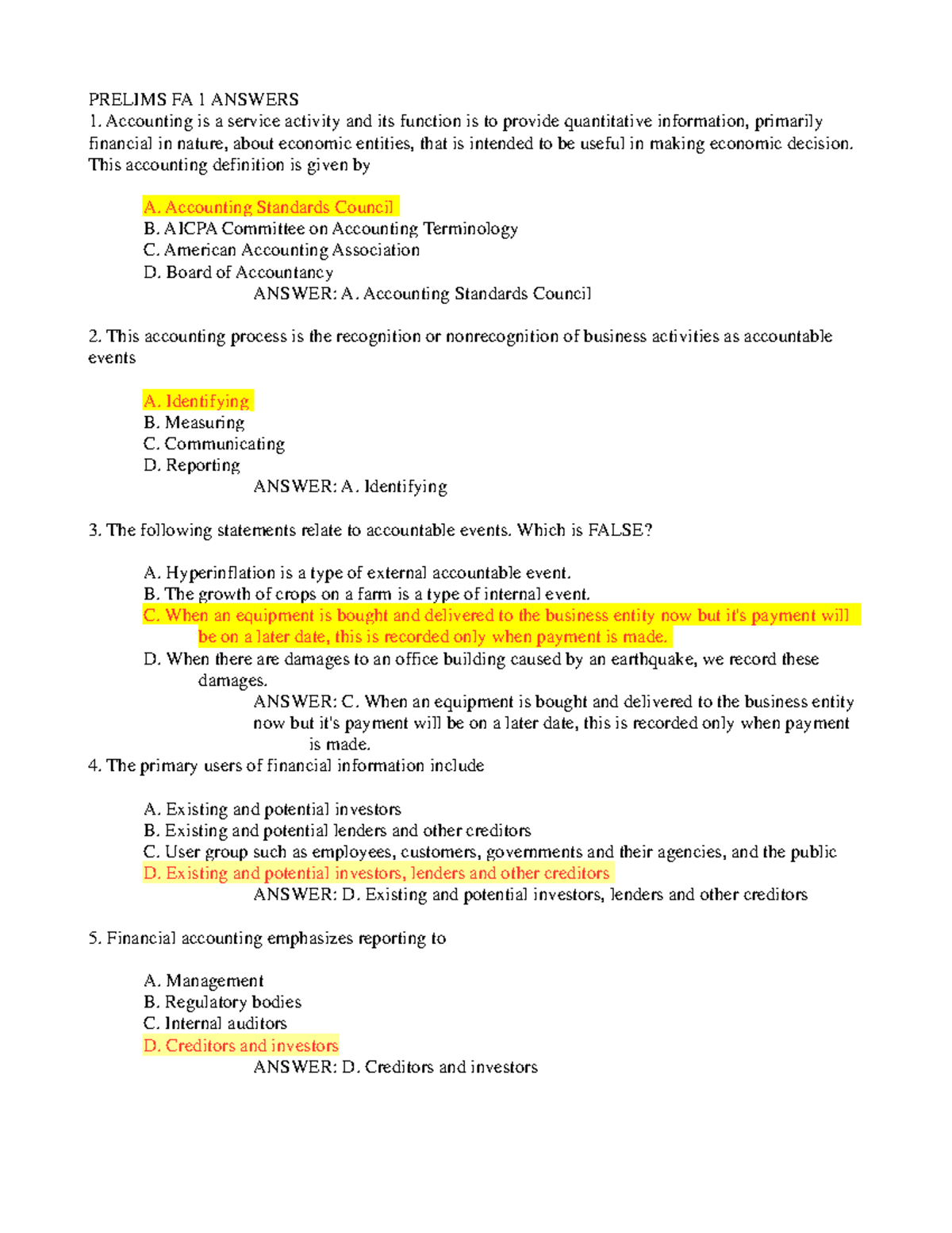 Conceptual Framework Theoretical Quiz Answers - PRELIMS FA 1 ANSWERS ...