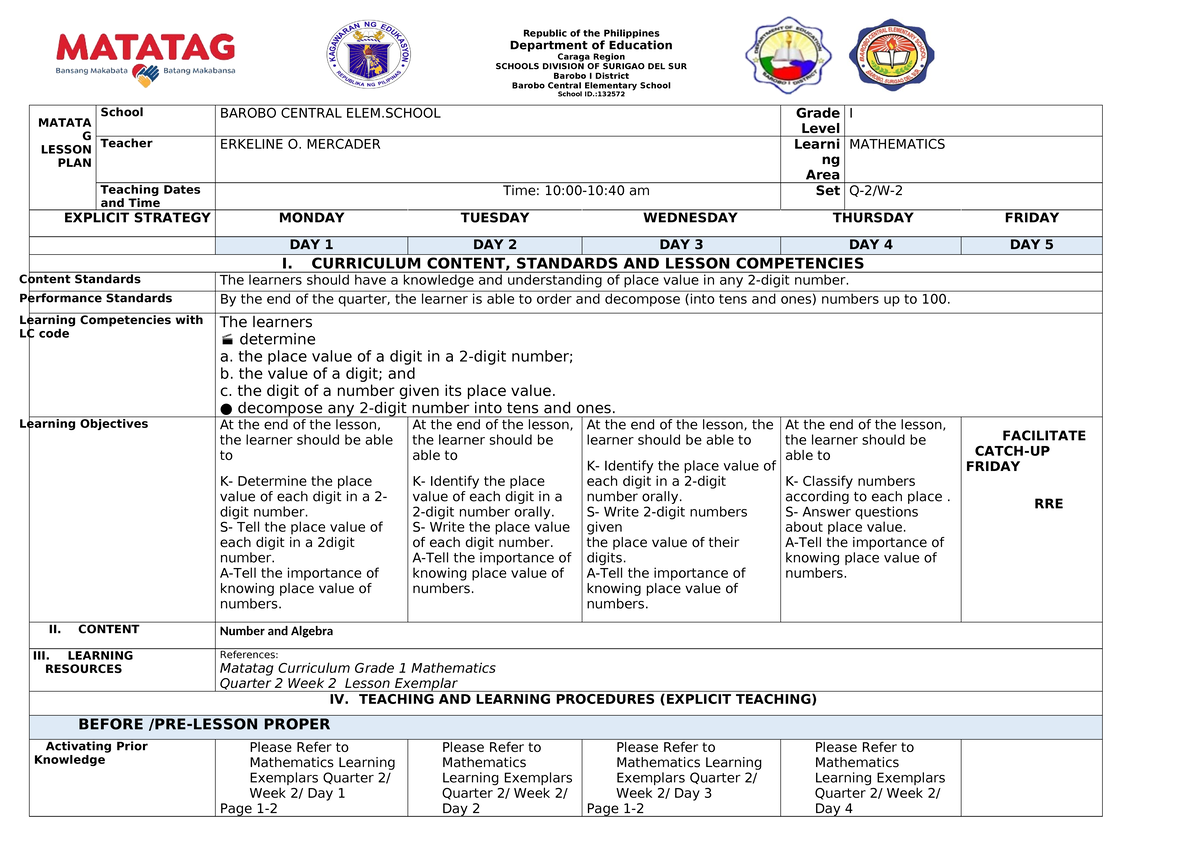 Matatag DLL MATH- Q2 week 2 - Republic of the Philippines Department of Education Caraga Region ...