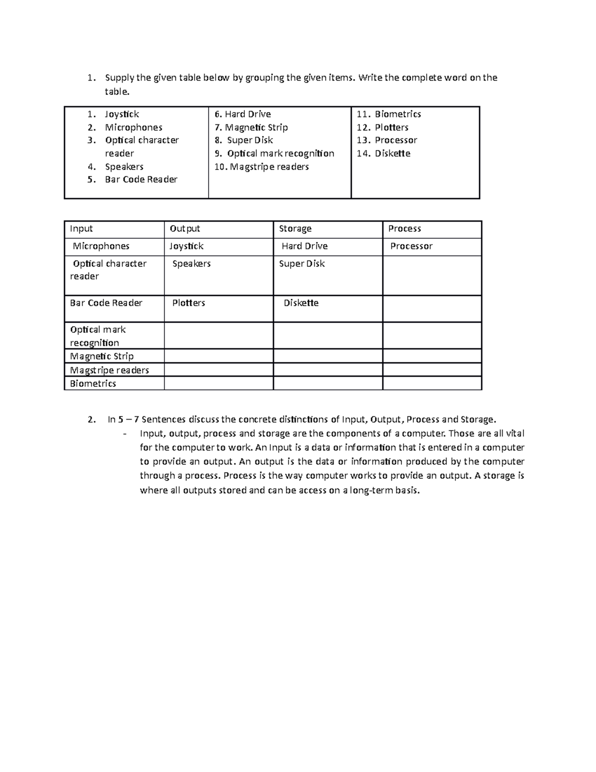 Learning task 3 - Supply the given table below by grouping the given ...