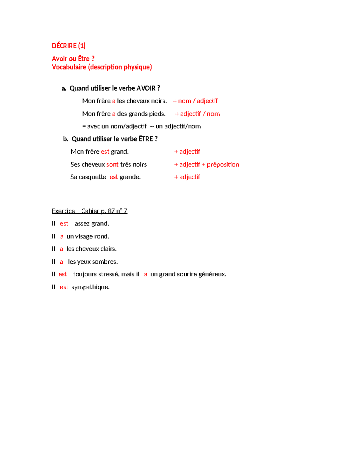 Décrire - Être ou Avoir - Vocabulaire - DÉCRIRE (1) Avoir ou Être ...
