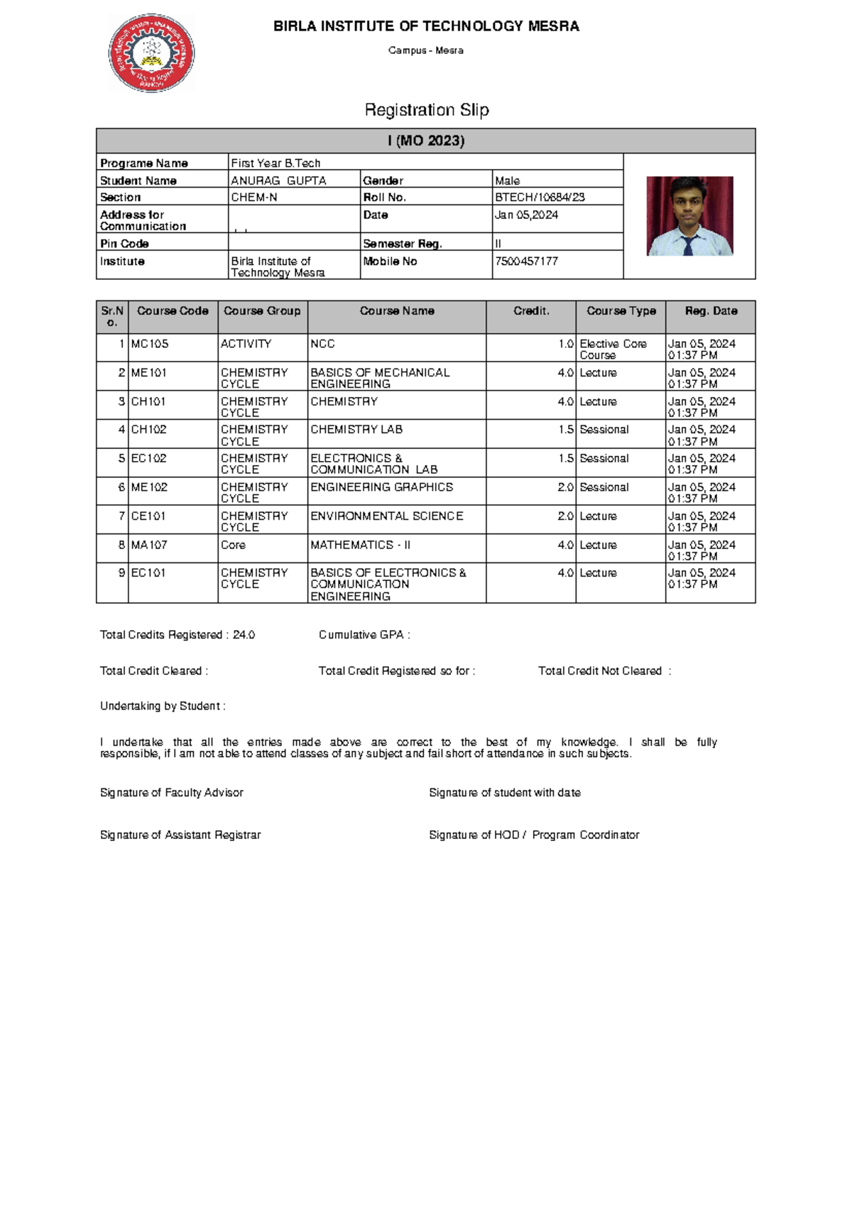 Course Registration Profile 2024-01-05 13 37 27 - BIRLA INSTITUTE OF TECHNOLOGY MESRA Campus ...