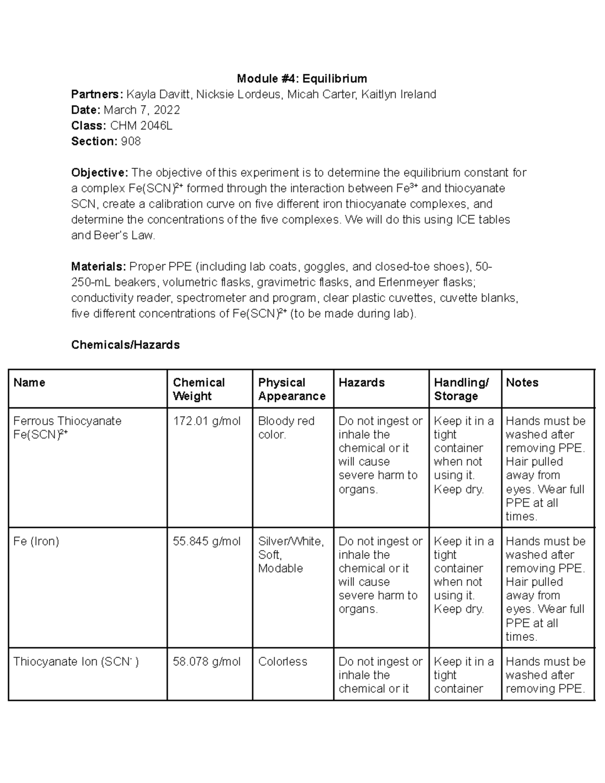 Module #4 Pre Lab Module #4: Equilibriums Chem 2 - Module #4 ...