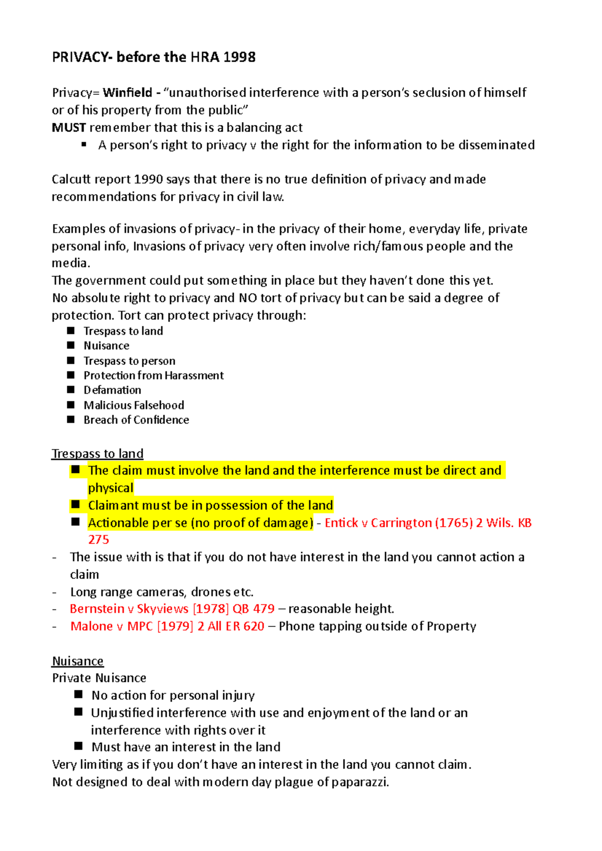 Privacy - tort law - PRIVACY- before the HRA 1998 Privacy= Winfield ...