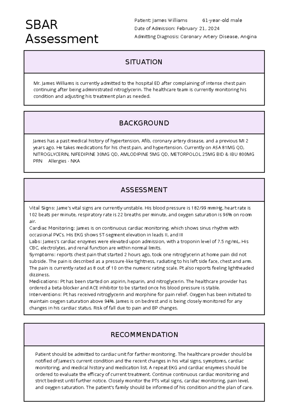 Jasmine W Sbar-Assessment - BACKGROUND James has a past medical history ...