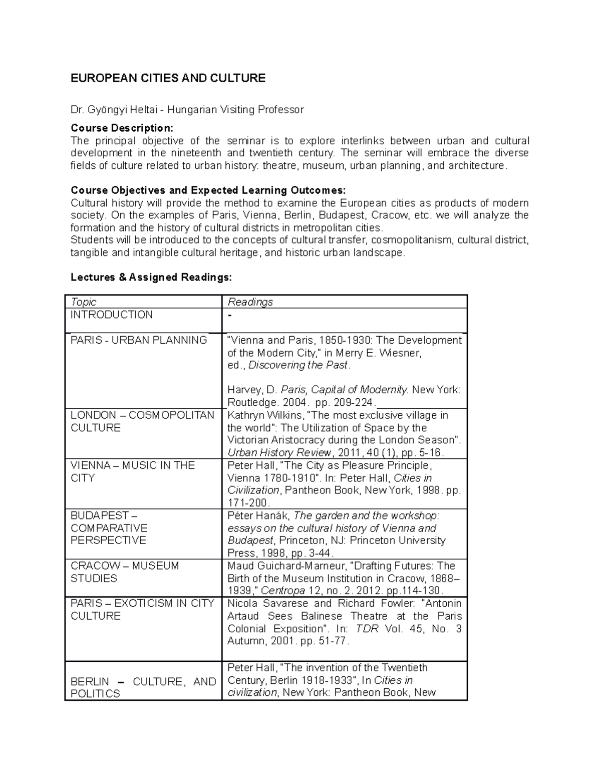Planned lectures European Cities and Culture Heltai - Faculty of ...