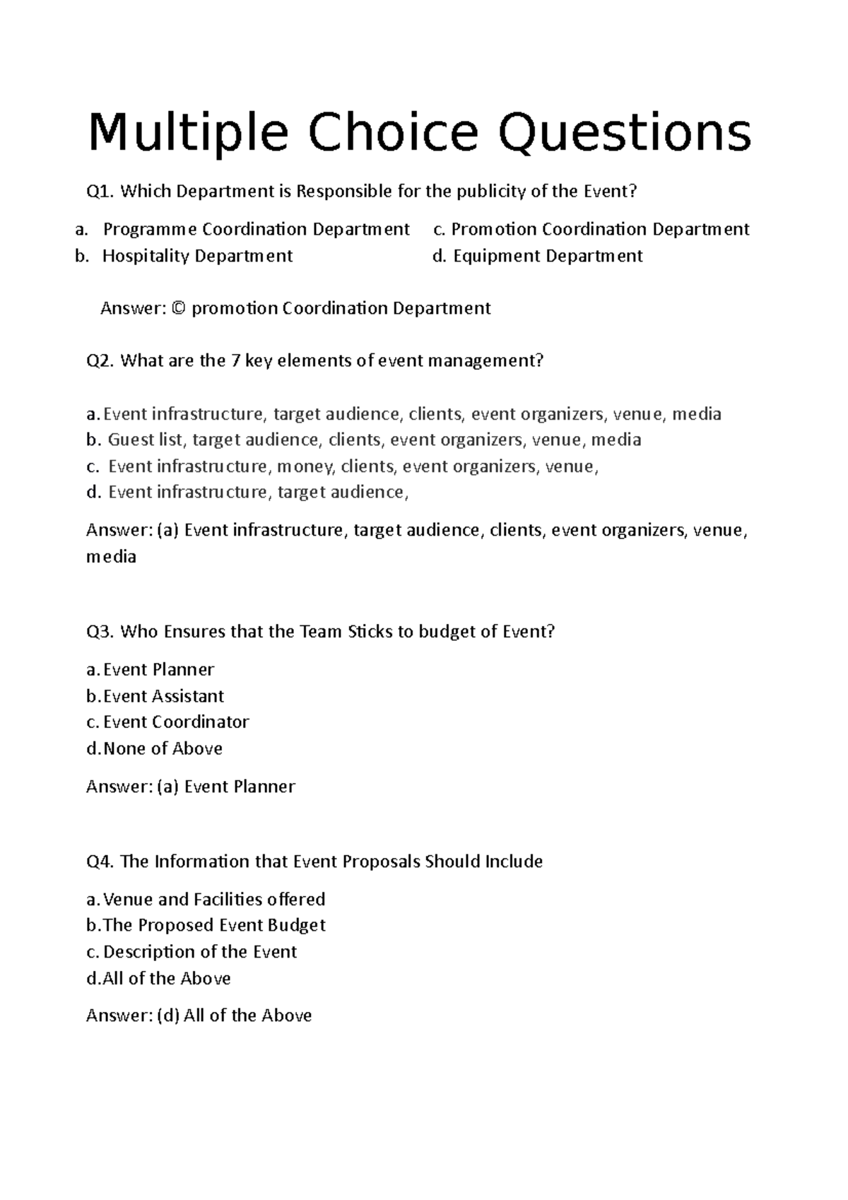 Practice Paper Of Event Management Multiple Choice Questions Q1