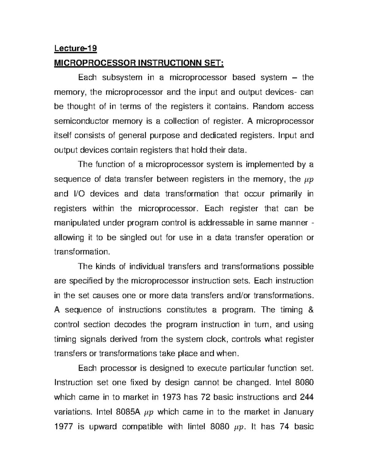 Computer Organization And Microprocessor Architecture Lecture Microprocessor Instructionn Set 