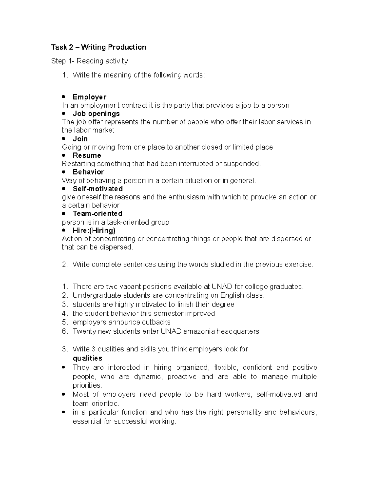 Task 2 - NA jhjn - Task 2 – Writing Production Step 1- Reading activity ...