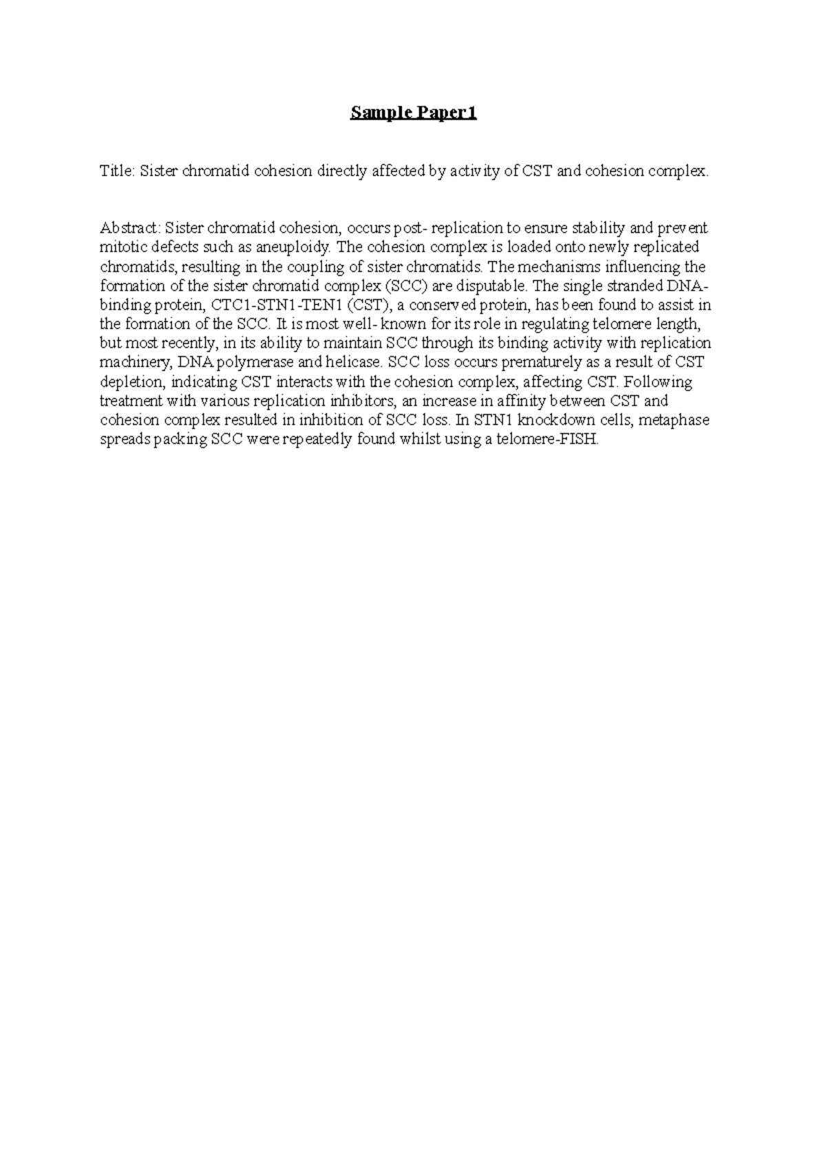 Sample Paper 1 - notes - Sample Paper Title: Sister chromatid cohesion ...