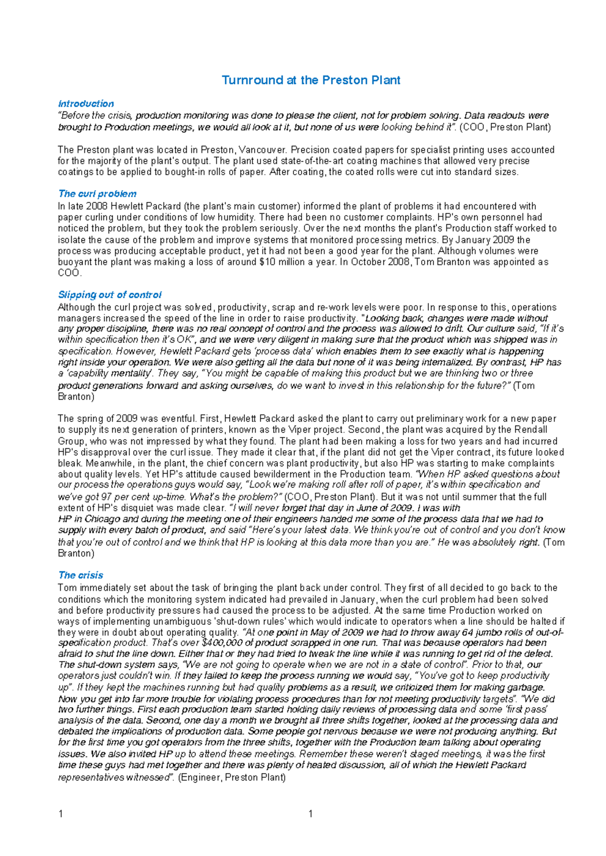Case Study Preston Plant - 1 1 Turnround at the Preston Plant Introduction “Before the crisis ...