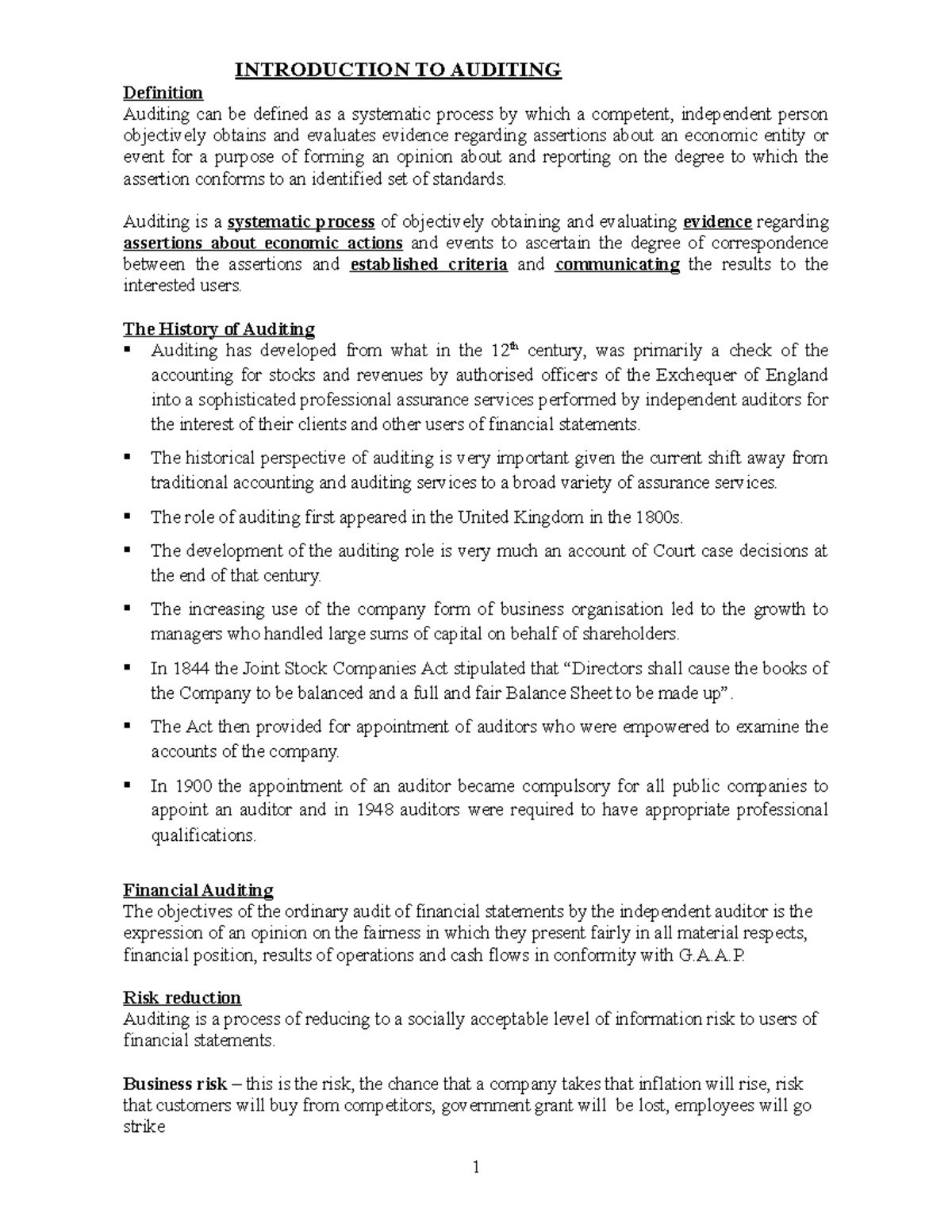 Auditing Revision Notes - INTRODUCTION TO AUDITING Definition Auditing ...