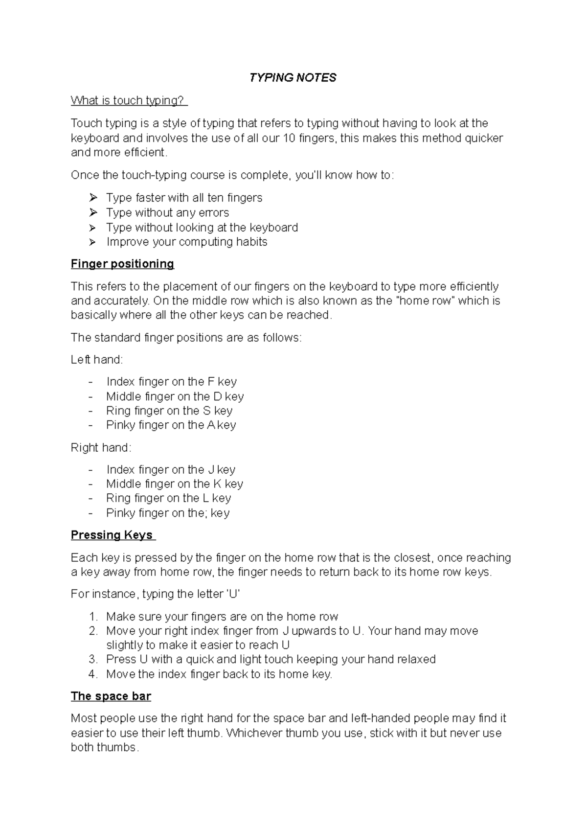 Typing Notes 1 - hjjhjj - TYPING NOTES What is touch typing? Touch ...