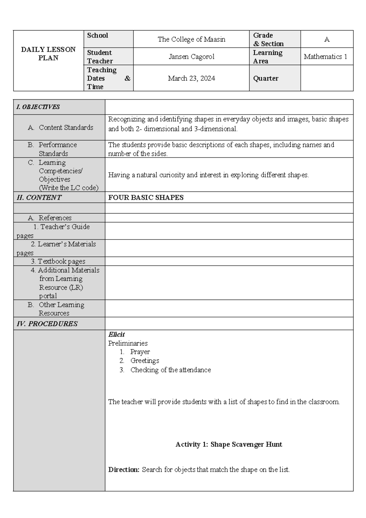 Lesson PLAN Grade 1 - CFHBHFGN - DAILY LESSON PLAN School The College ...