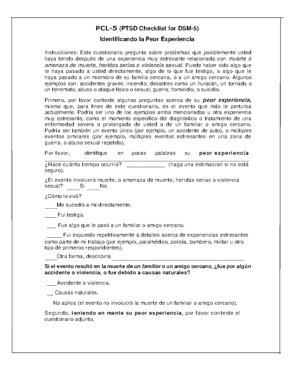 PCL 5 TEPT Test De Estr s Postraum tico PCL 5 PTSD Checklist For