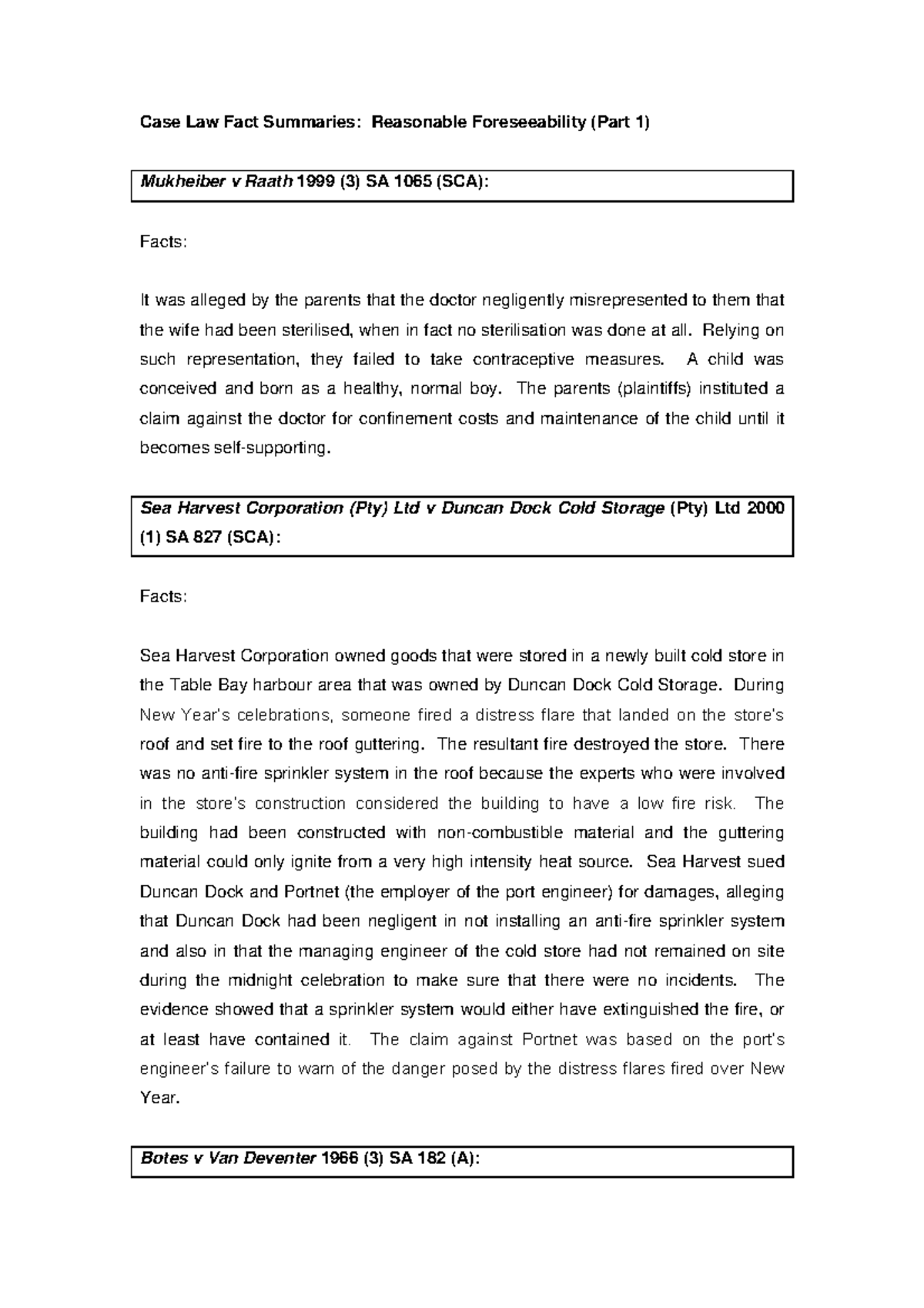 Delict cases- Reasonable foreseeability - Case Law Fact Summaries ...