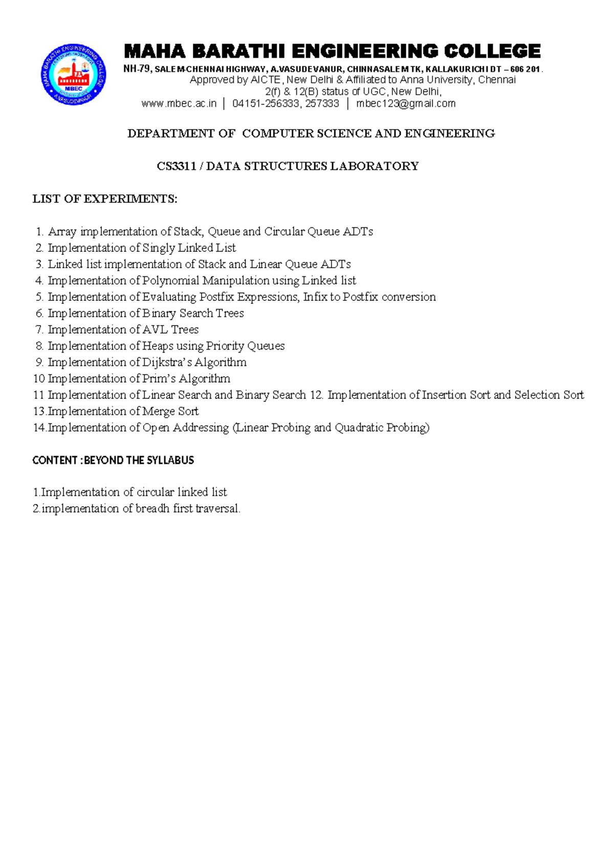 LAB Experiment DS - MAHA BARATHI ENGINEERING COLLEGE NH-79, SALEM ...
