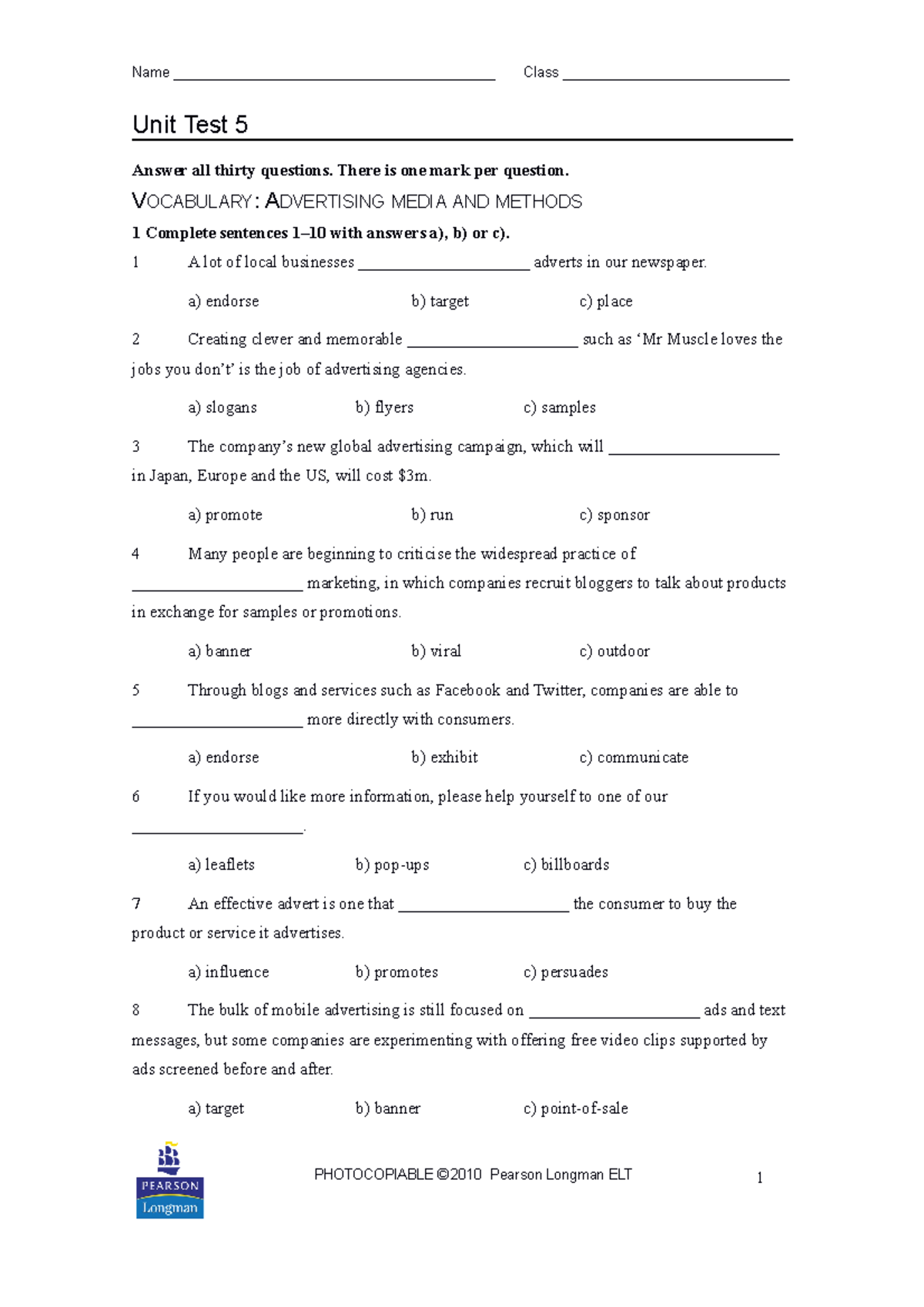 Unit Test 5 2 - angielski B1+ - Name ...