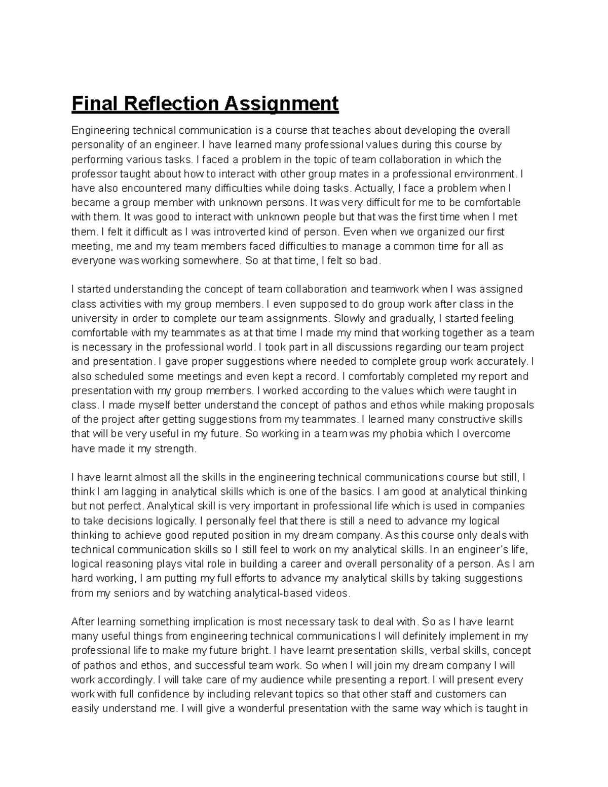 Reflective Essay on the Course of Engineering Technical Communication ...