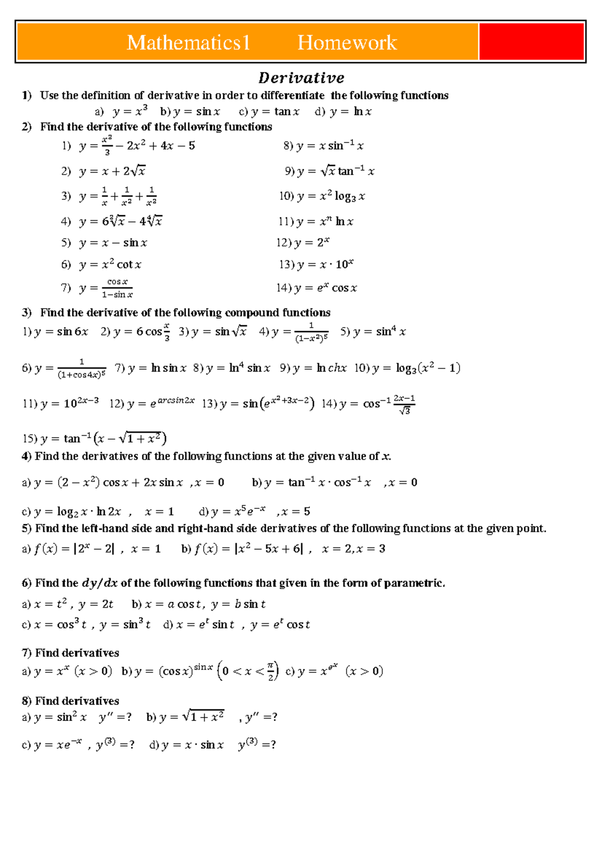 Seminar Derivatives - math - 1) Use the definition of derivative in ...