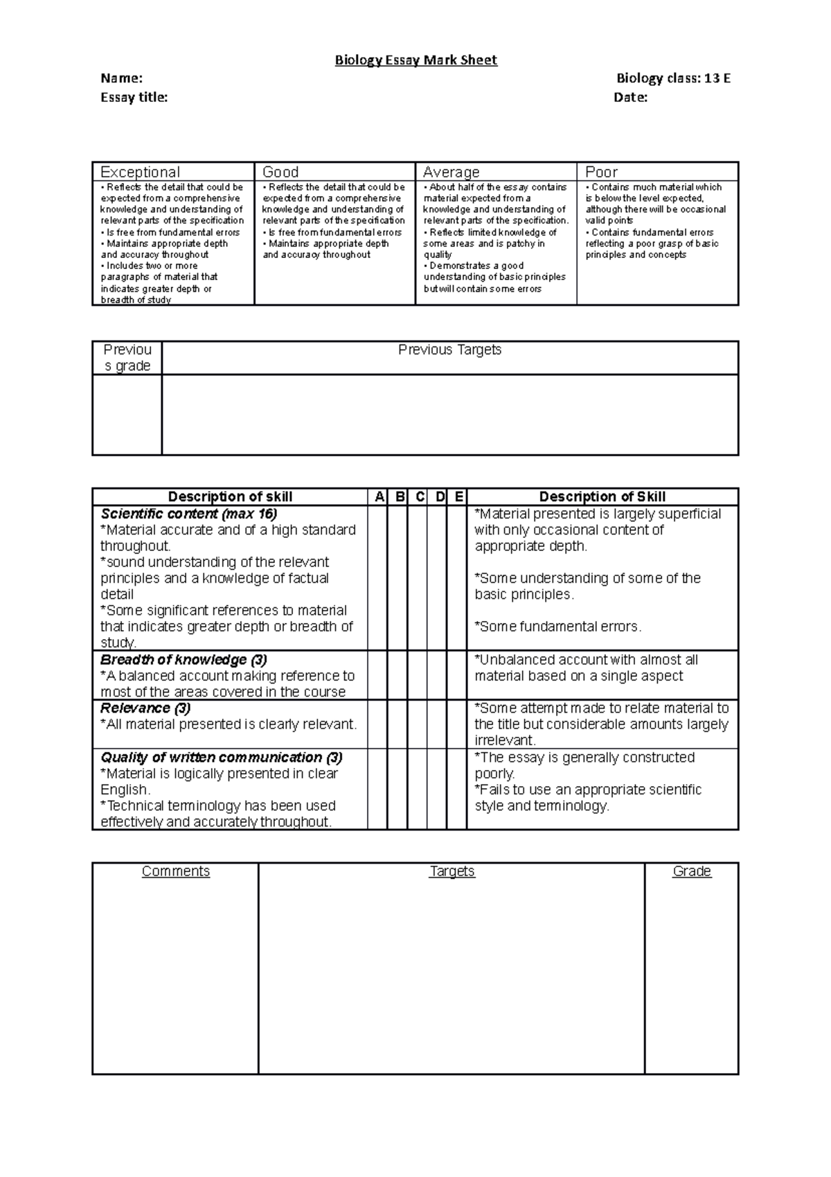 Essay-Marksheet - Biology Essay Mark Sheet Name: Biology class: 13 E ...