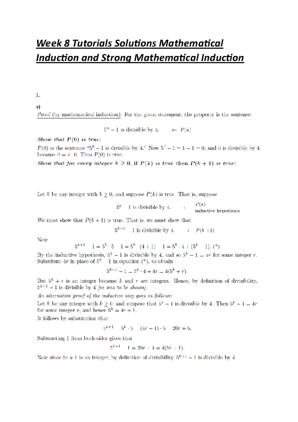 Week 8 Tutorials Solutions Mathematical Induction and Strong Mathematical Induction - Studocu