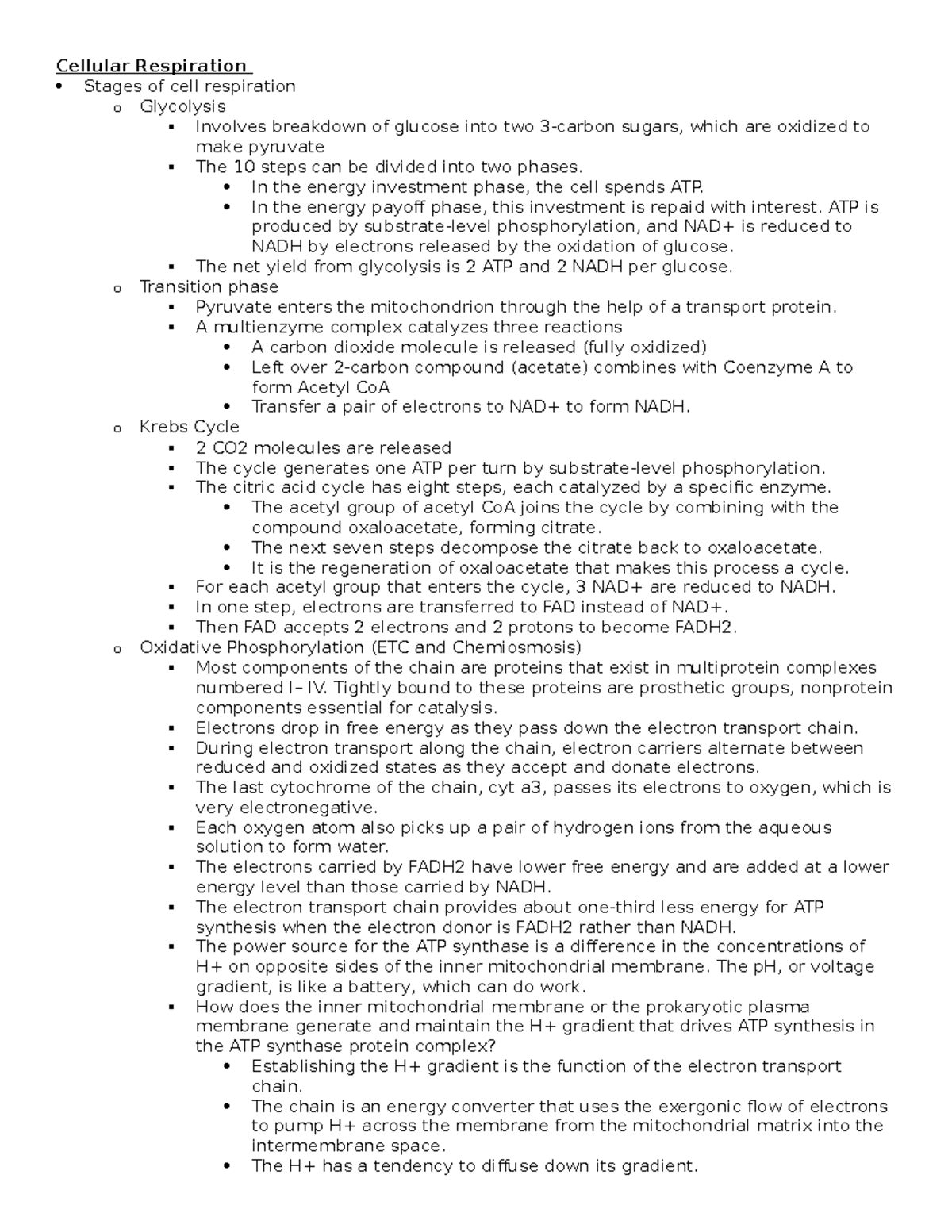 Notes For Ch 1 4 Test Cellular Respiration Stages Of Cell