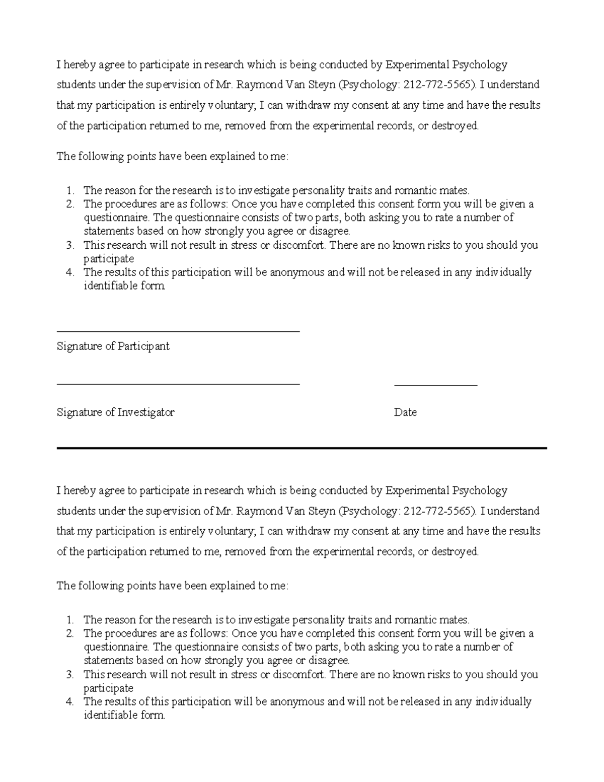 Consent form - I hereby agree to participate in research which is being ...