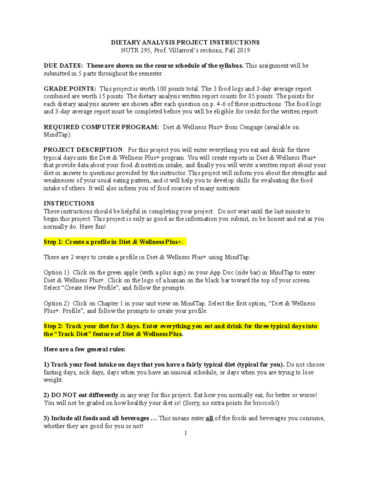 Dietary Analysis Instructions - DIETARY ANALYSIS PROJECT INSTRUCTIONS ...