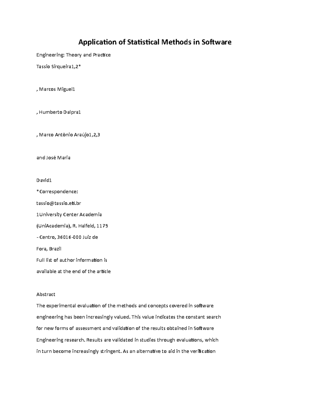 Application of Statistical Methods in Software - Application of ...