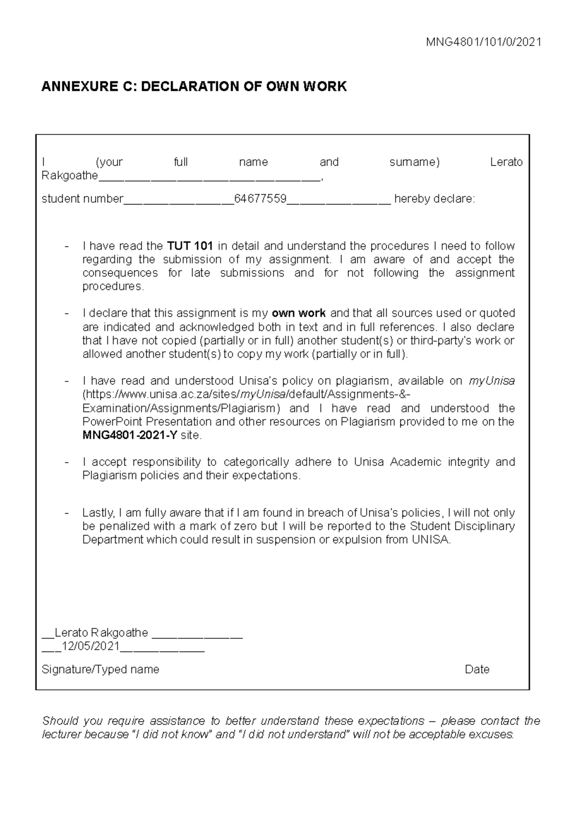 MNG4801 business assignment 1 - MNG4801/101/0/ ANNEXURE C: DECLARATION ...