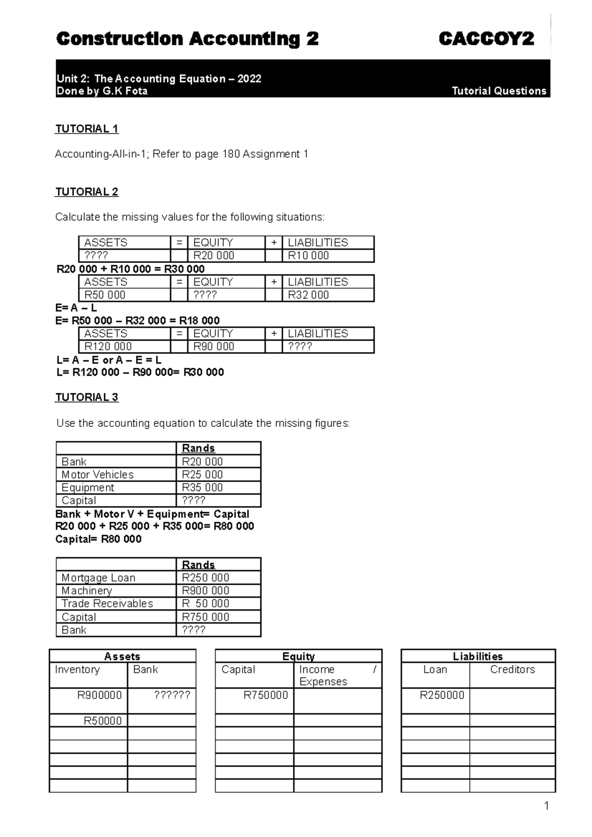 LU2 - tutorial questions 2022 solutions - Construction Accounting 2 ...