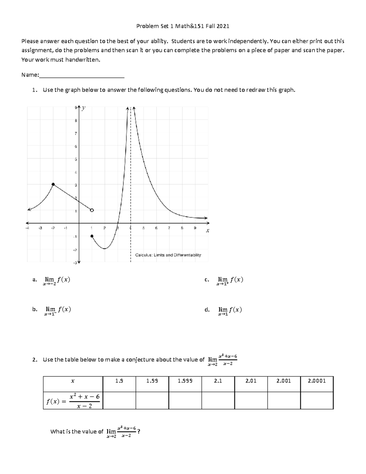Problem Set 1 Math151 Fall 2021 Problem Set 1 Mathand151 Fall 2021 Please Answer Each Question