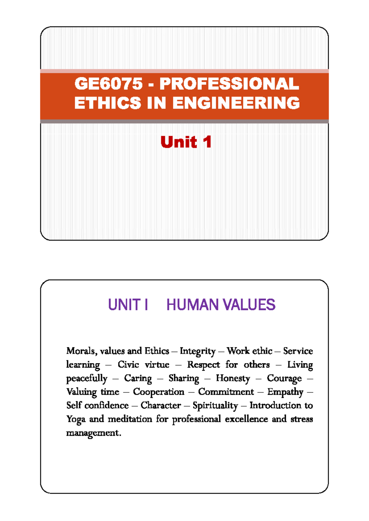Ethcs UNIT 1 - UNIT 1 ETHICS - Professional ethics - Studocu