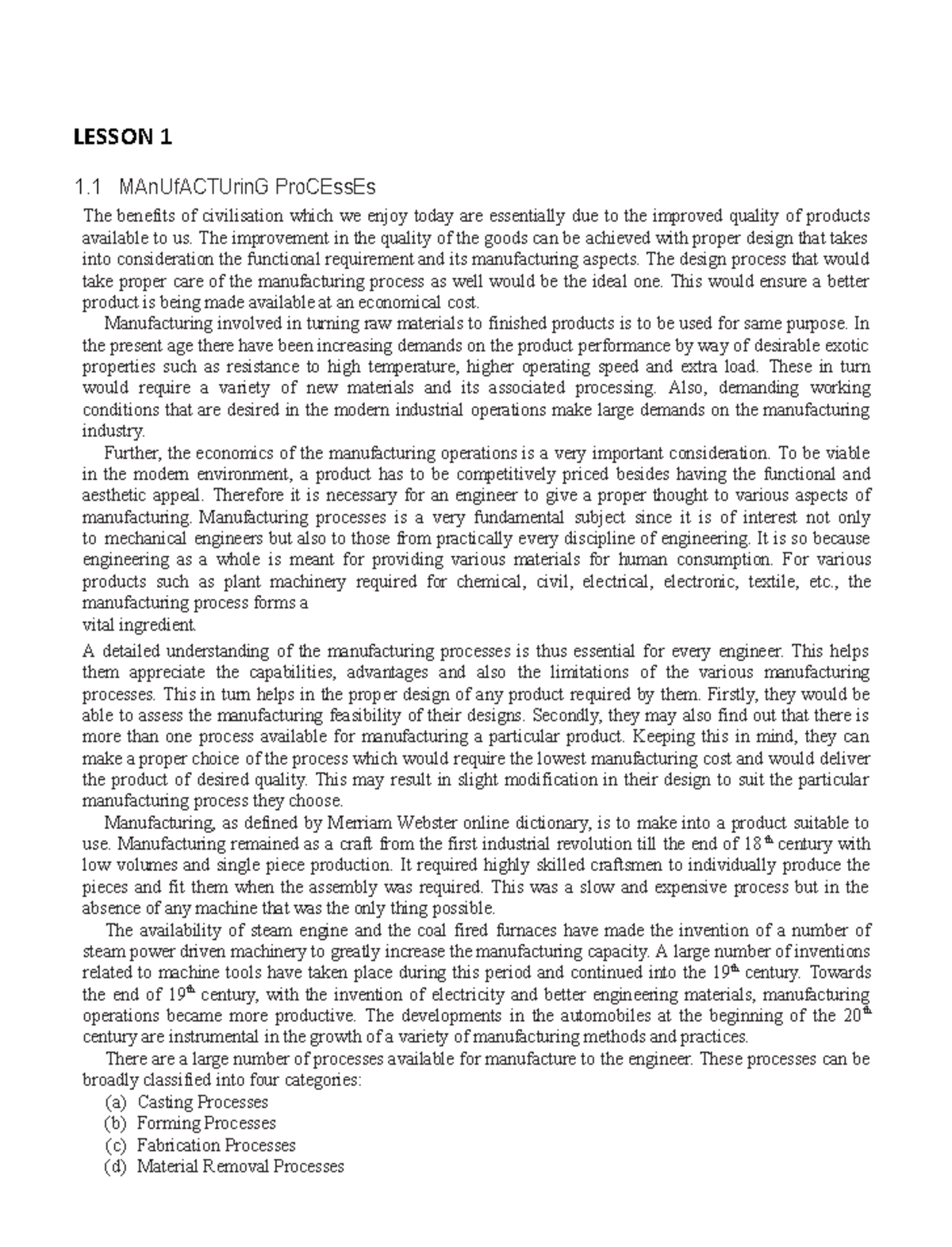 PM 108 Manufacturing Technology 2 - LESSON 1 1 MAnUfACTUrinG ProCEssEs ...