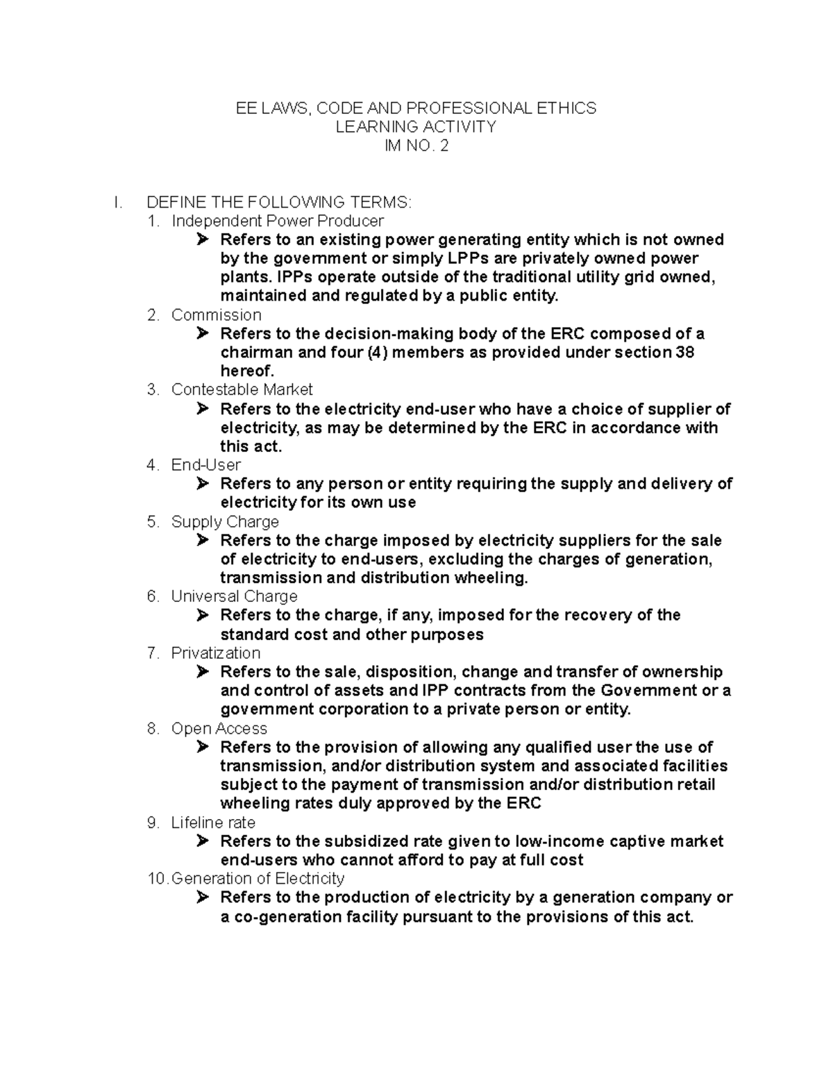 EE LAWS,CODE AND Ethics Learning Activity IM NO. 3 - EE LAWS, CODE AND ...