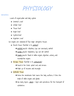Physio study guide - practice material - Lab 1 Cellular Biology Levels of body organization o ...