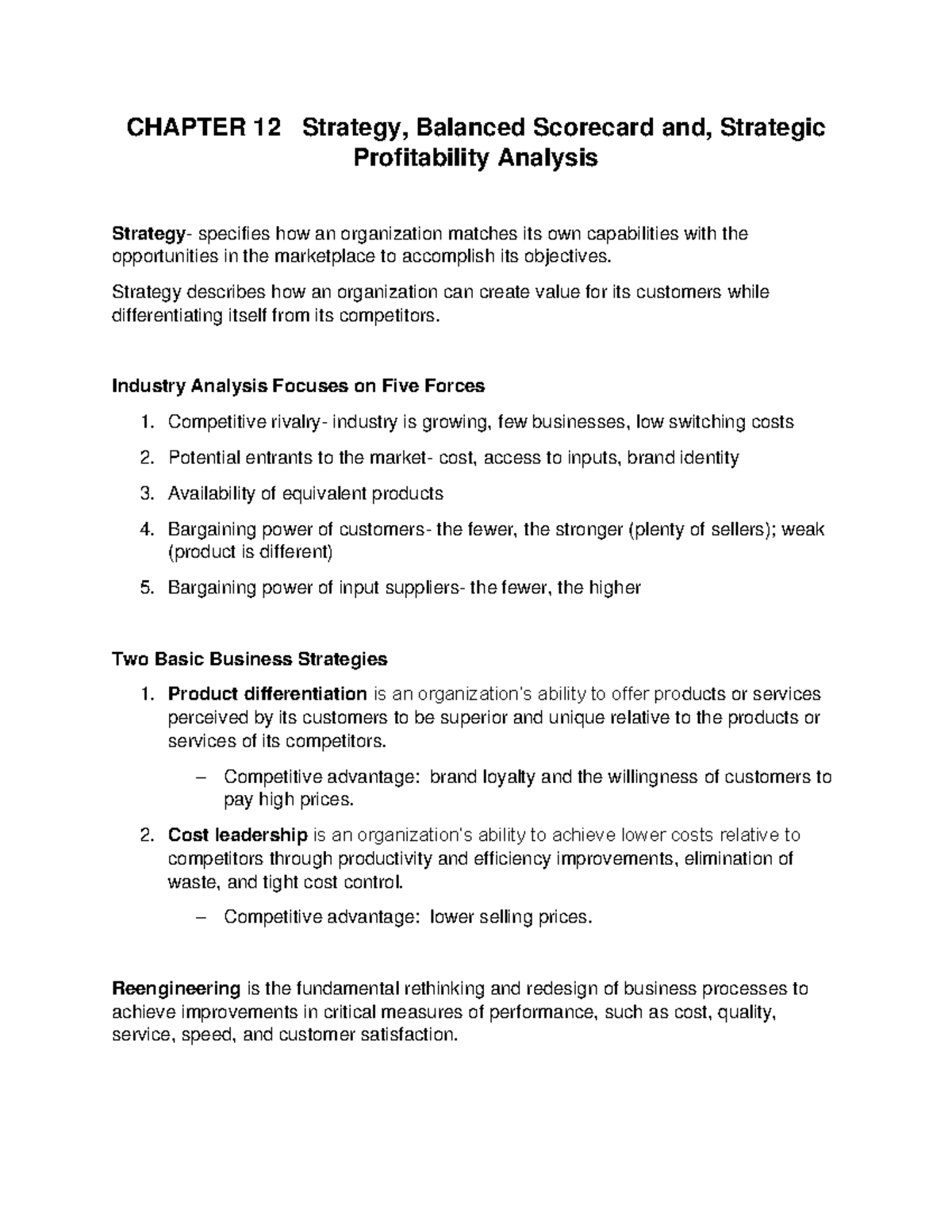 Chapter 12 Strategy, Balanced Scorecard and Strategic Analysis ...