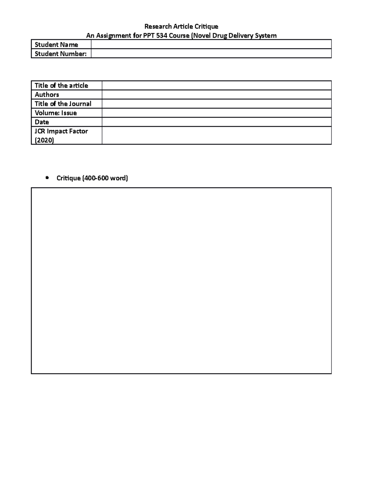 Research Article Critique Form - Research Article Critique An ...