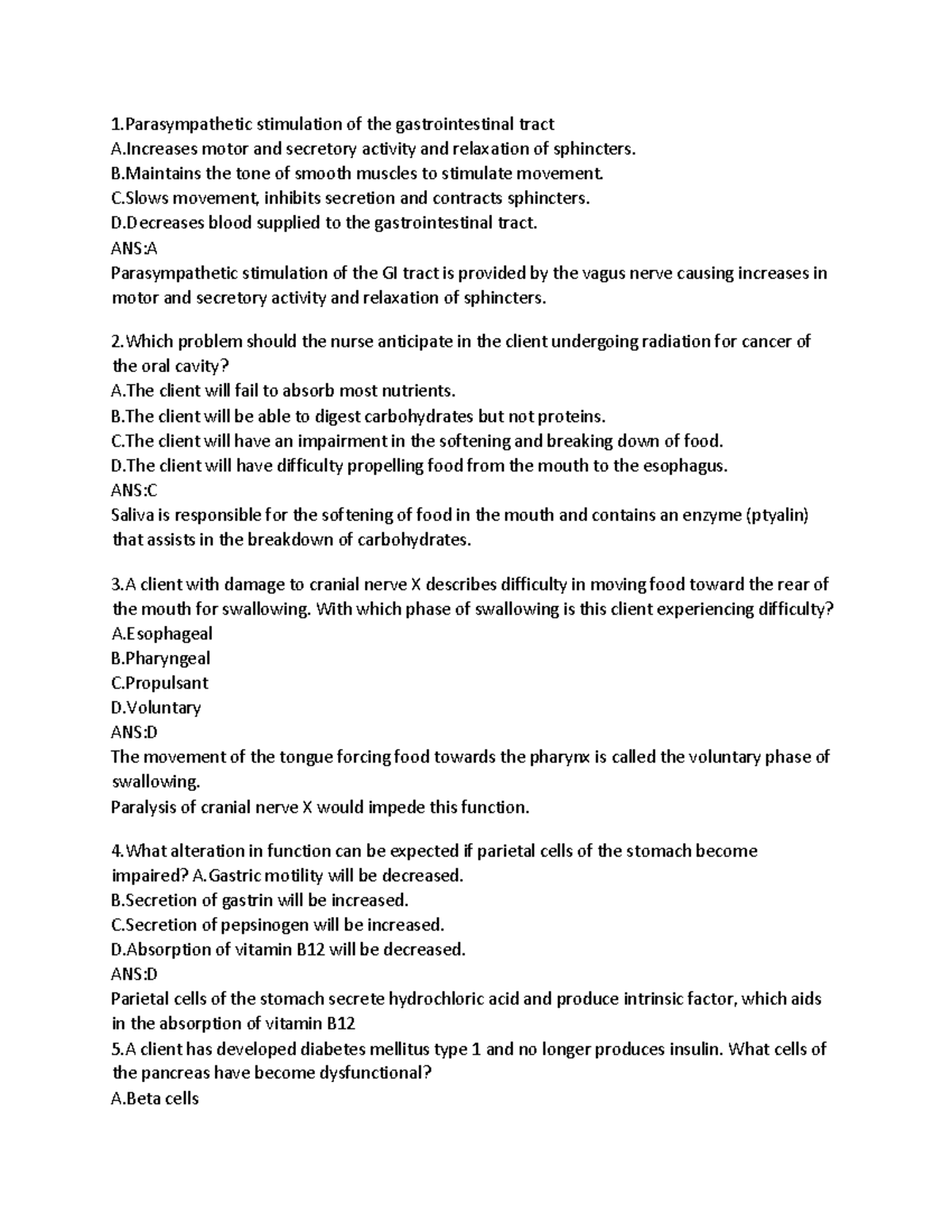 Practice Exam P1 - 1 stimulation of the gastrointestinal tract A motor ...