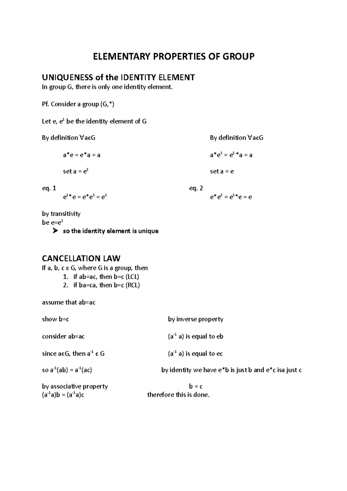 Abstract Alegbra - Mathematics - ELEMENTARY PROPERTIES OF GROUP UNIQUENESS of the IDENTITY ...