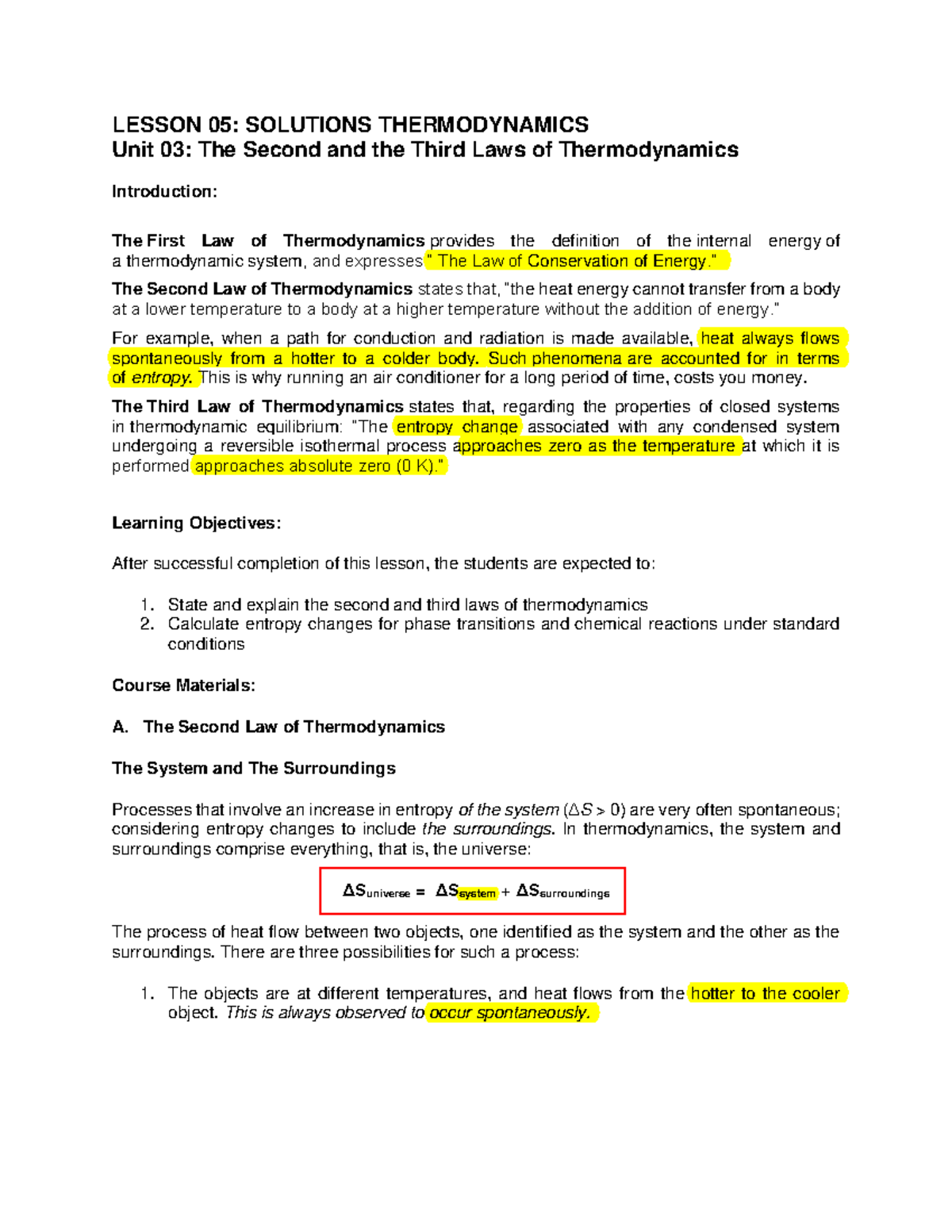 00 w5 03 Solutions Thermo 2nd and 3rd Laws - LESSON 05: SOLUTIONS ...