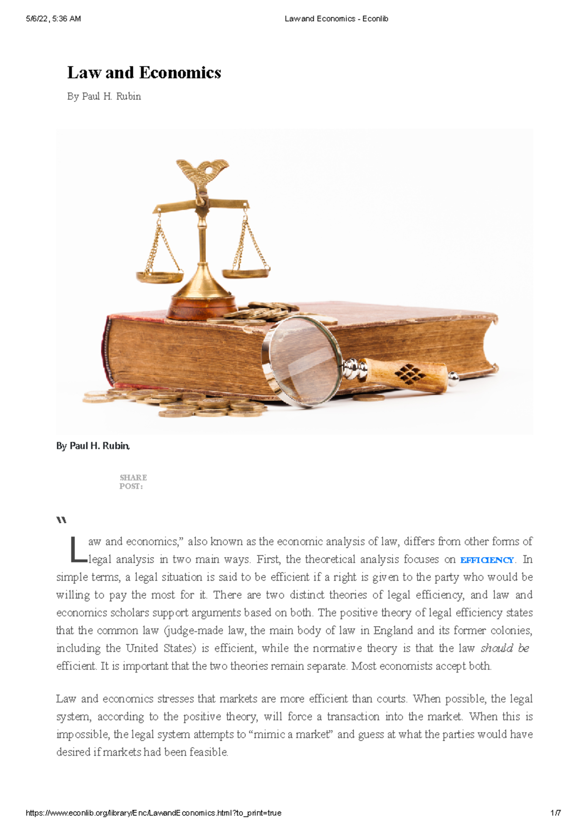 Law and Economics - Contract, crime, torts - By Paul H. Rubin, “ L ...