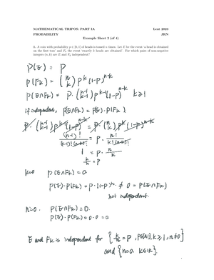 Probability Part I Example Sheets - MATHEMATICAL TRIPOS: PART IA Lent ...