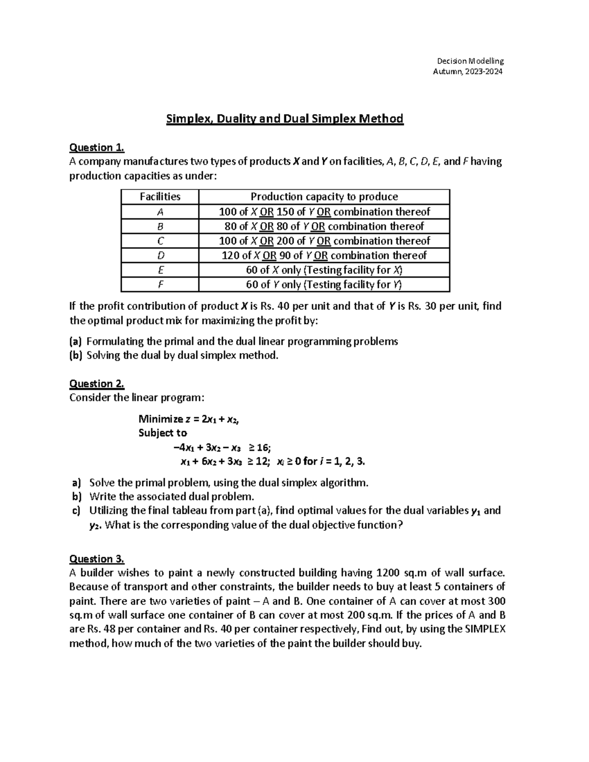 Tutorial 2 Duality Dual Simplex Decision Modelling Autumn 2023 Simplex Duality And Dual