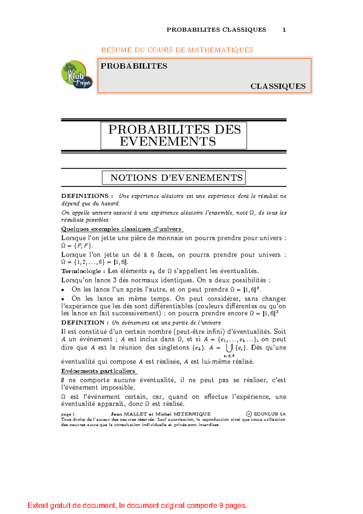 Klubprepa-extrait-6853 - PROBABILITES CLASSIQUES 1 RESUME DU COURS DE ...
