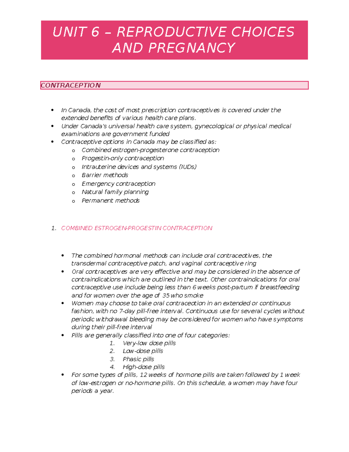 UNIT 6 Study Notes - UNIT 6 – REPRODUCTIVE CHOICES AND PREGNANCY ...