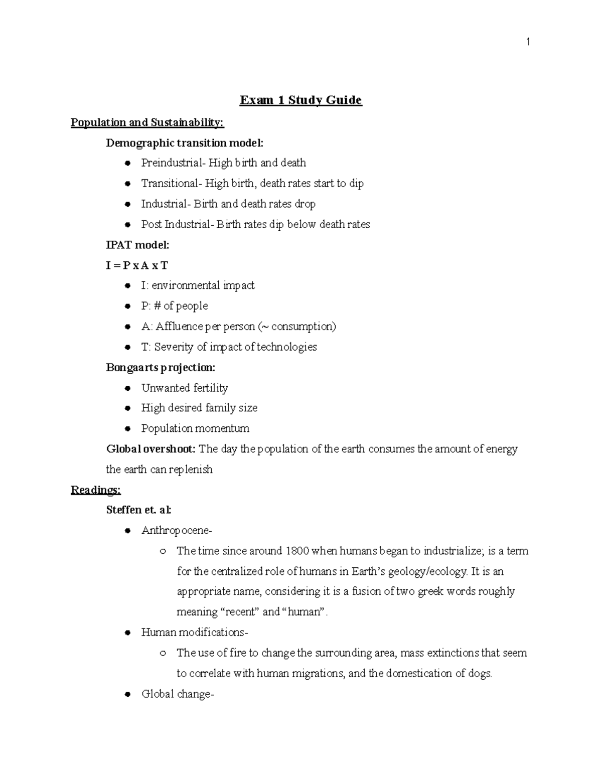 Environmental Studies Exam 1 Study Guide - Exam 1 Study Guide ...